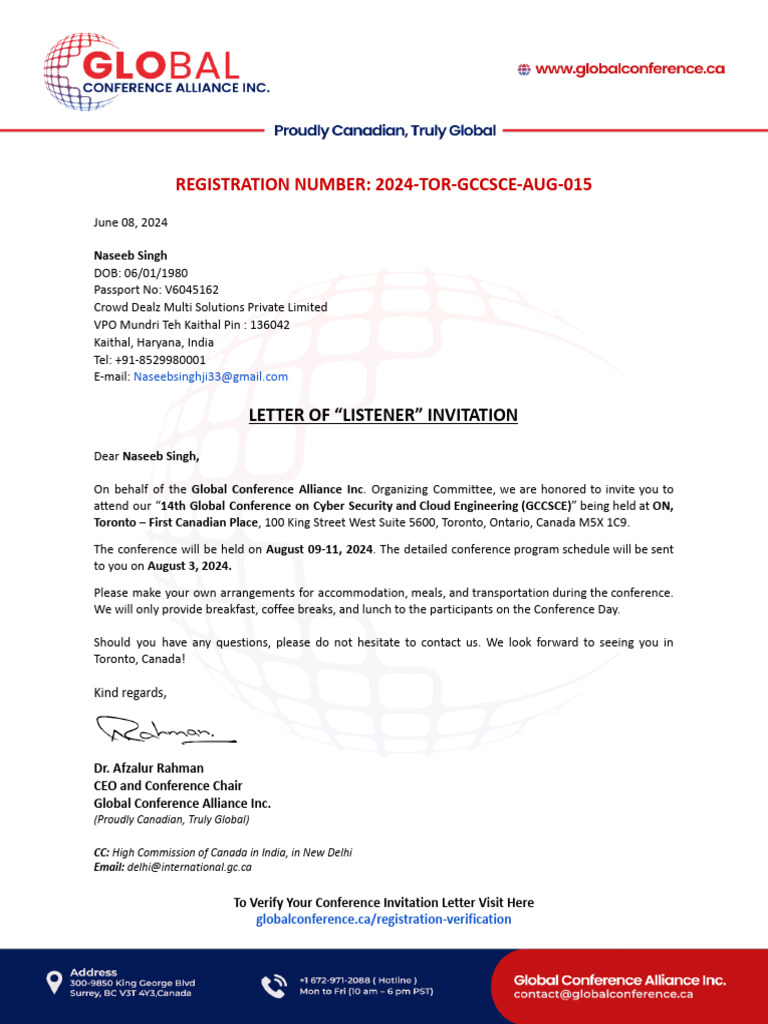 Invitation Letter-2024-TOR-GCCSCE-AUG-015-Naseeb Singh-Listener | PDF
