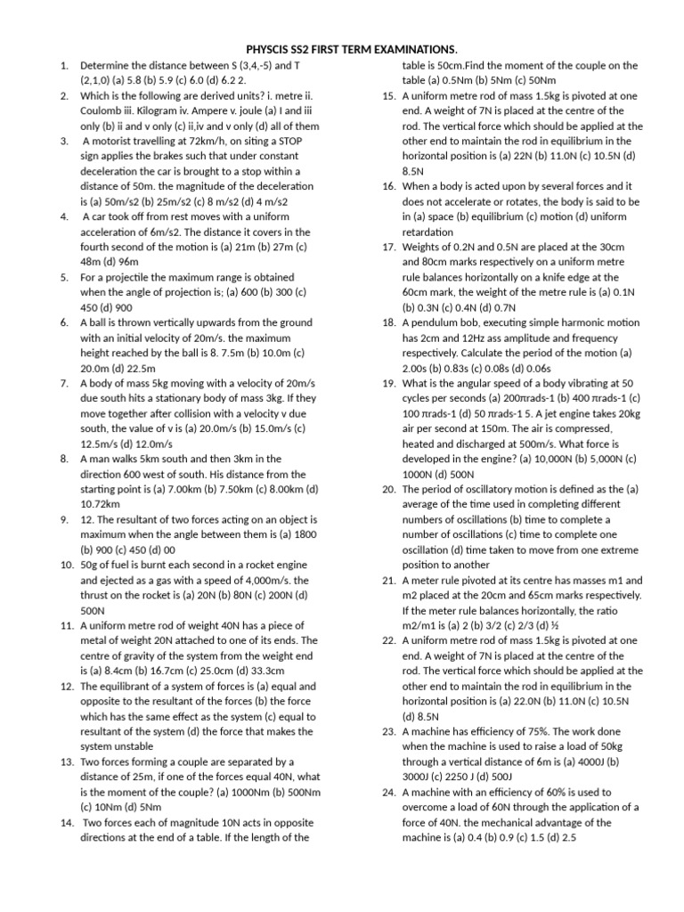 Physcis SS2 First Term Examinations | PDF