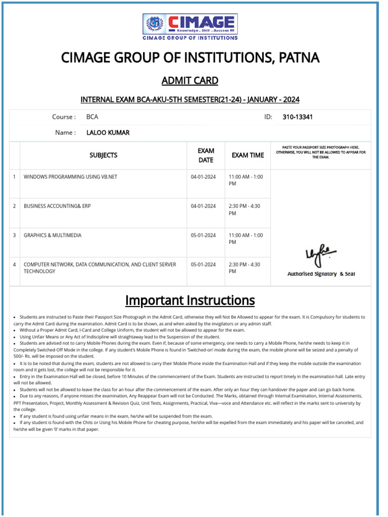 Admit Card - CIMAGE | PDF