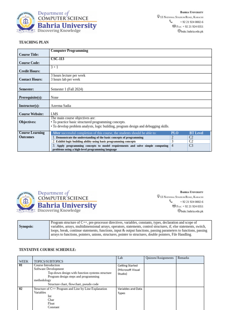 Teaching Plan CSC 113 CP 12092024 010818pm | PDF