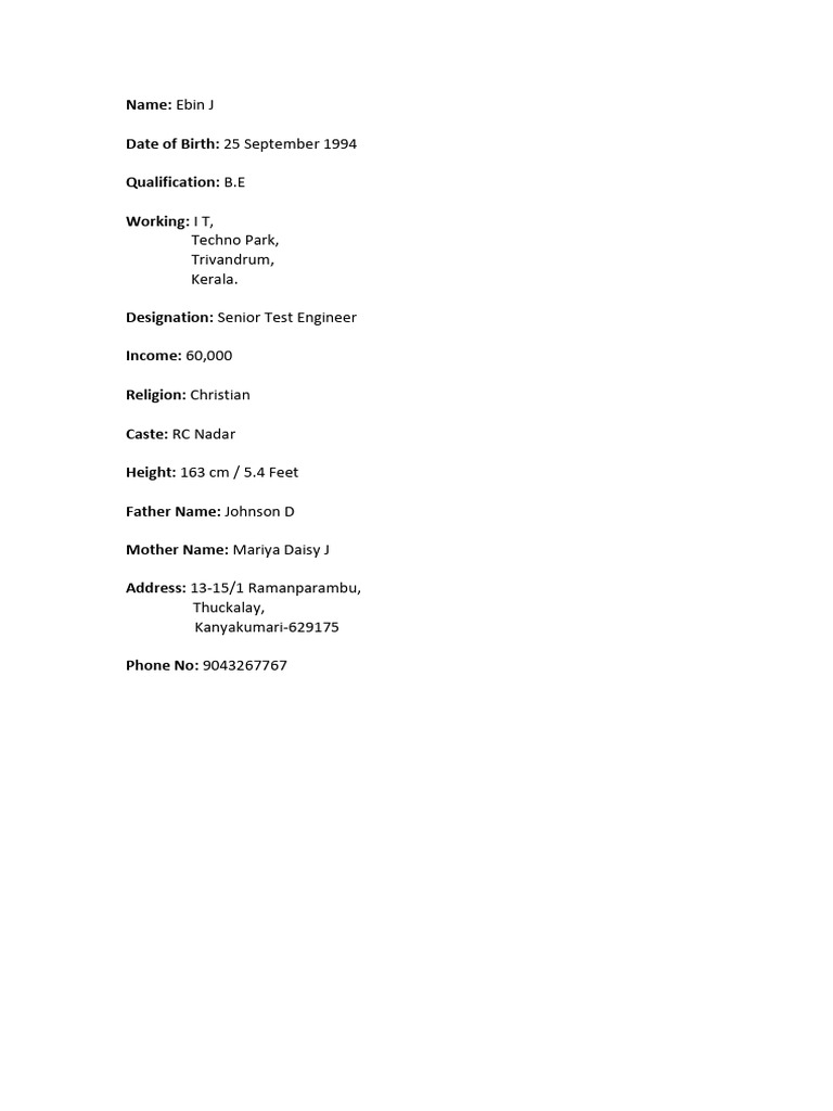 Ebin J Biodata | PDF