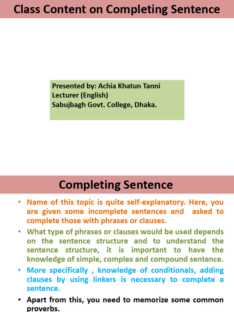 English Class-Part 1 - Completing Sentence PDF | PDF | Sentence ...
