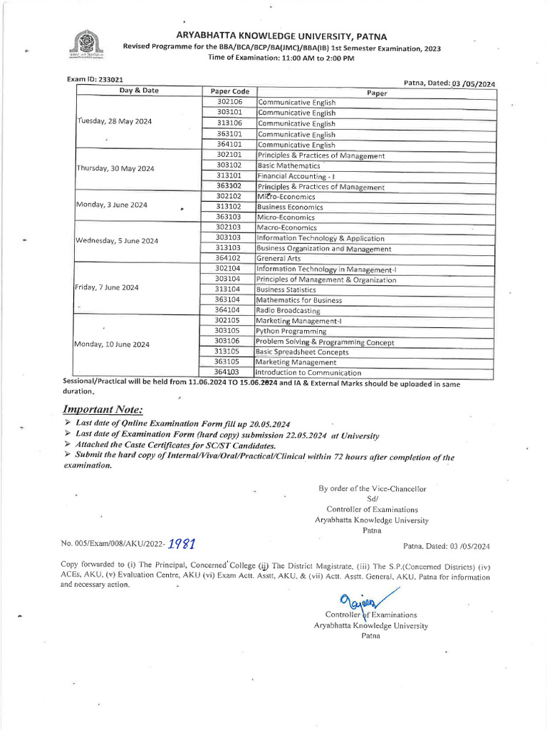 233021-Revised Programme For BBA - BCA - BCP - BA (JMC) - BBA (IB) 1st Semester Examination 2023 ...
