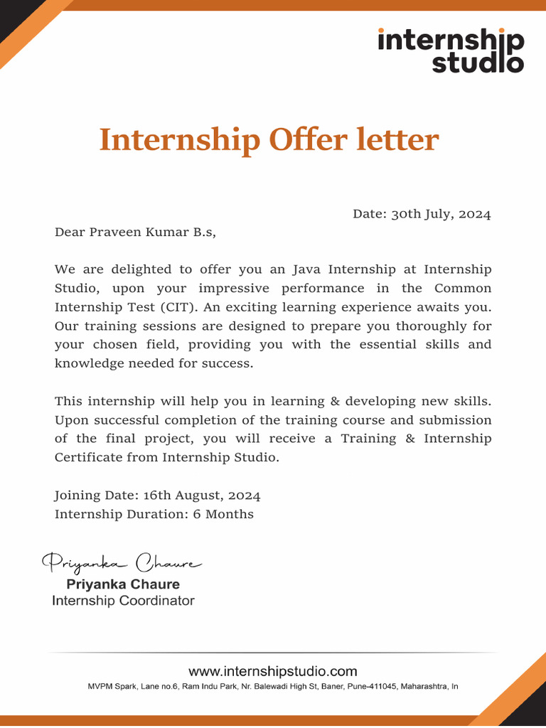 Java Internship - Offer Letter | PDF