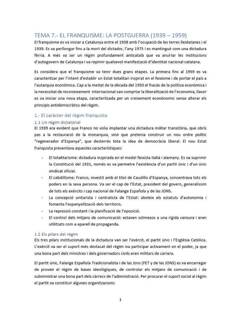 Tema 7. - El Franquisme I | PDF