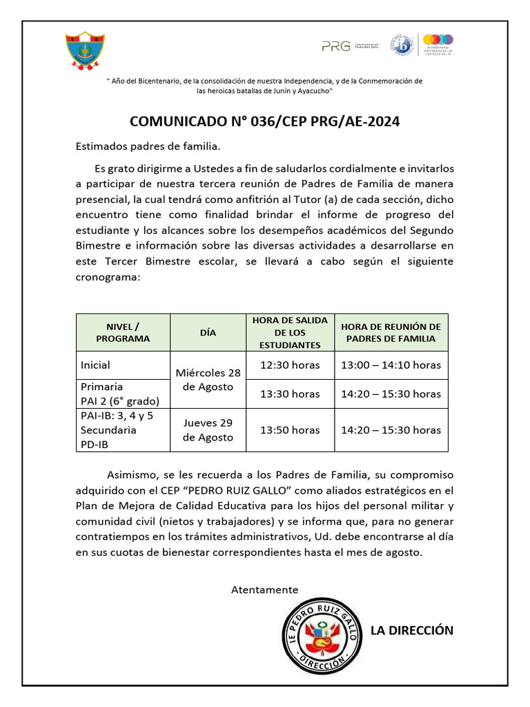 Comunicado N0362024 3era Reunion de PPFF Entrega de Libretas 2do Bim | PDF