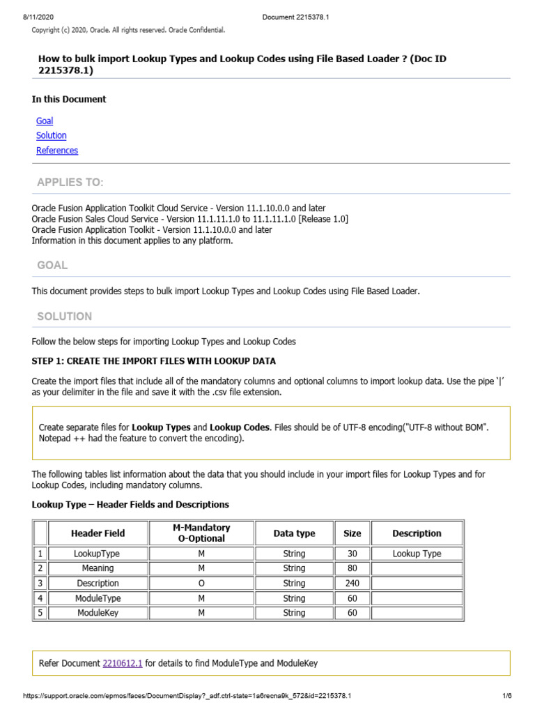 Bulk Import Lookup Types and Lookup Codes - Document 2215378.1 | PDF