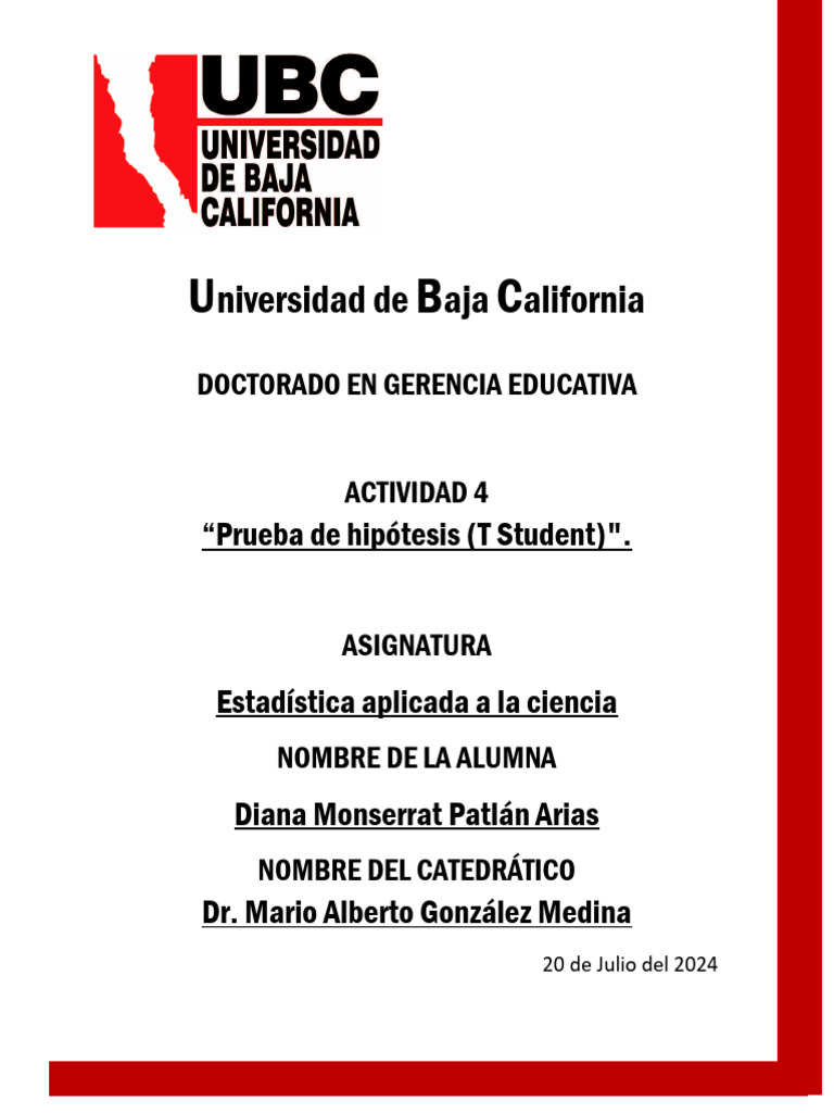 Actividad 4 Estadistica - Doctorado - Diana - Patlan | PDF