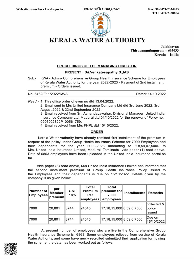 KWA Health Insurance Premium Order 2022 | PDF | Pro Rata | Insurance