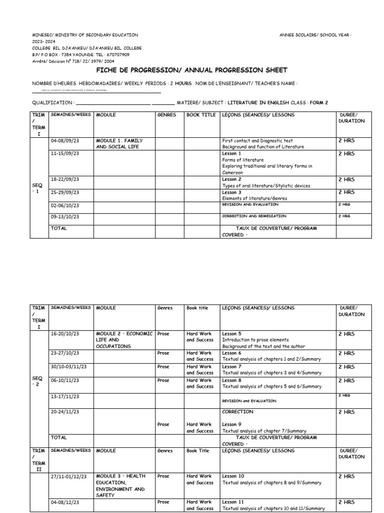Form 2 Literature Progression Sheet Model 2021-2022 | PDF