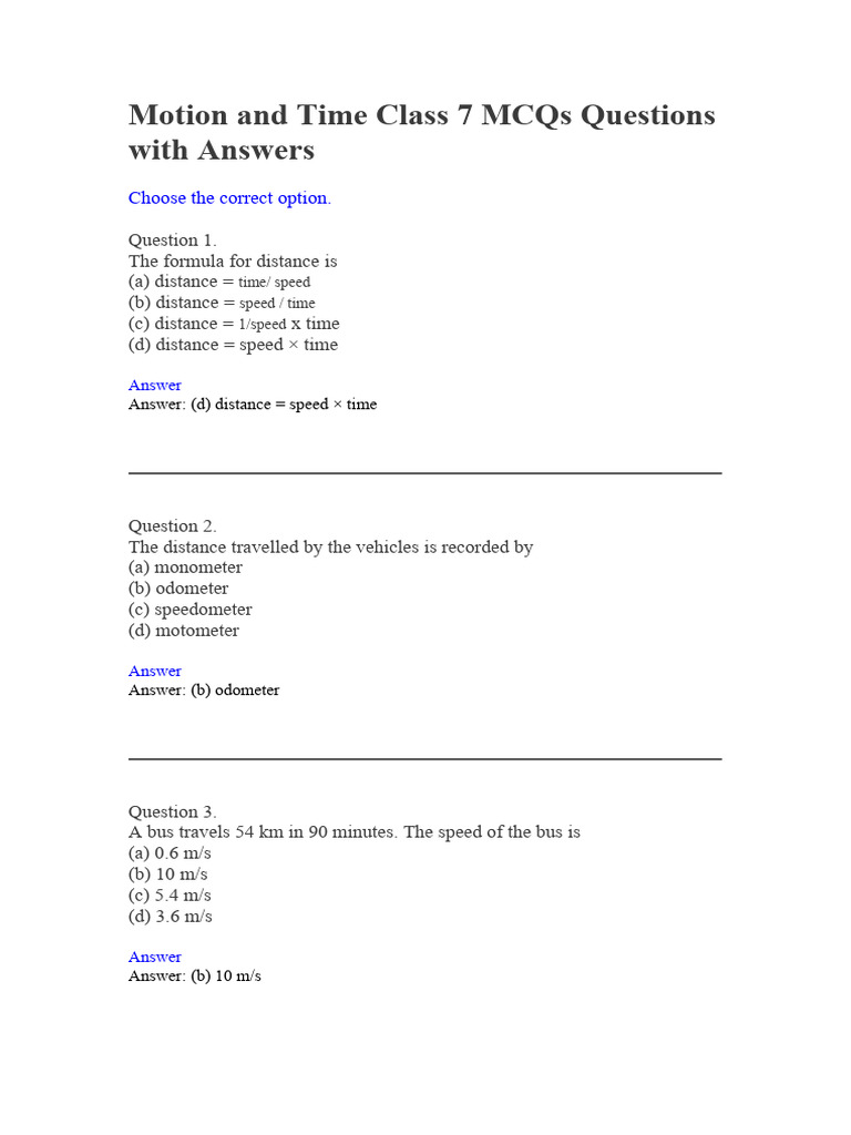 Motion and Time Class 7 MCQs Questions With Answer-Revision | PDF