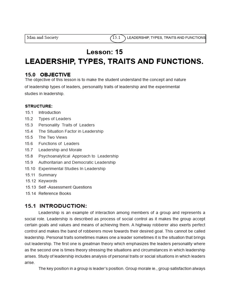 Textual Notes - Leadership - Types, Traits and Functions | PDF