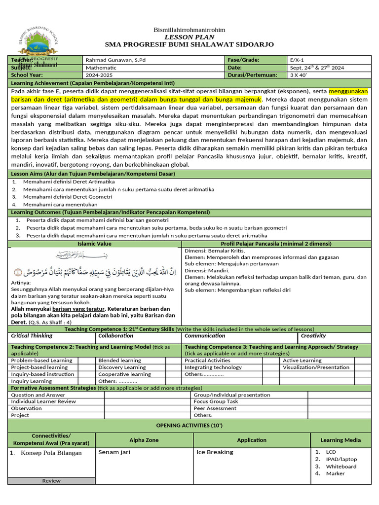 Sma Progresif Bumi Shalawat Sidoarjo: Lesson Plan | PDF