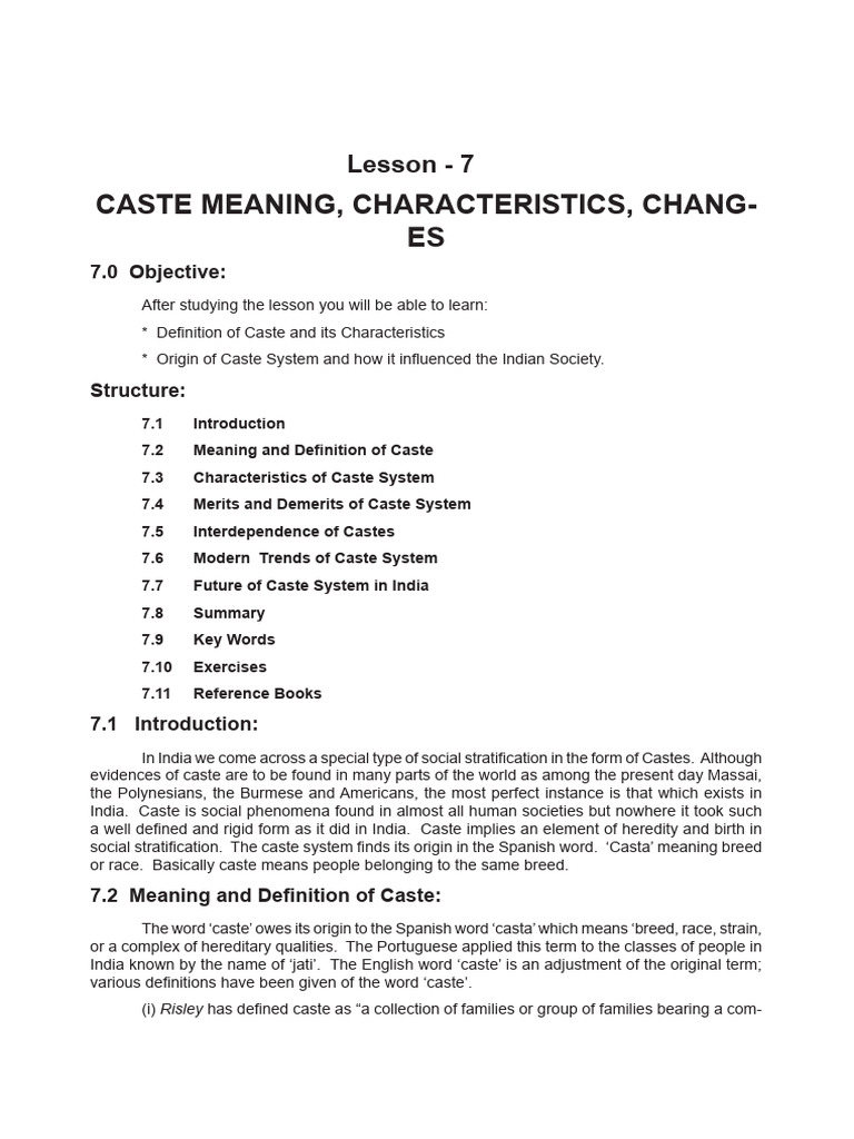 Textual Notes - caste – meaning, characteristics, changes | PDF