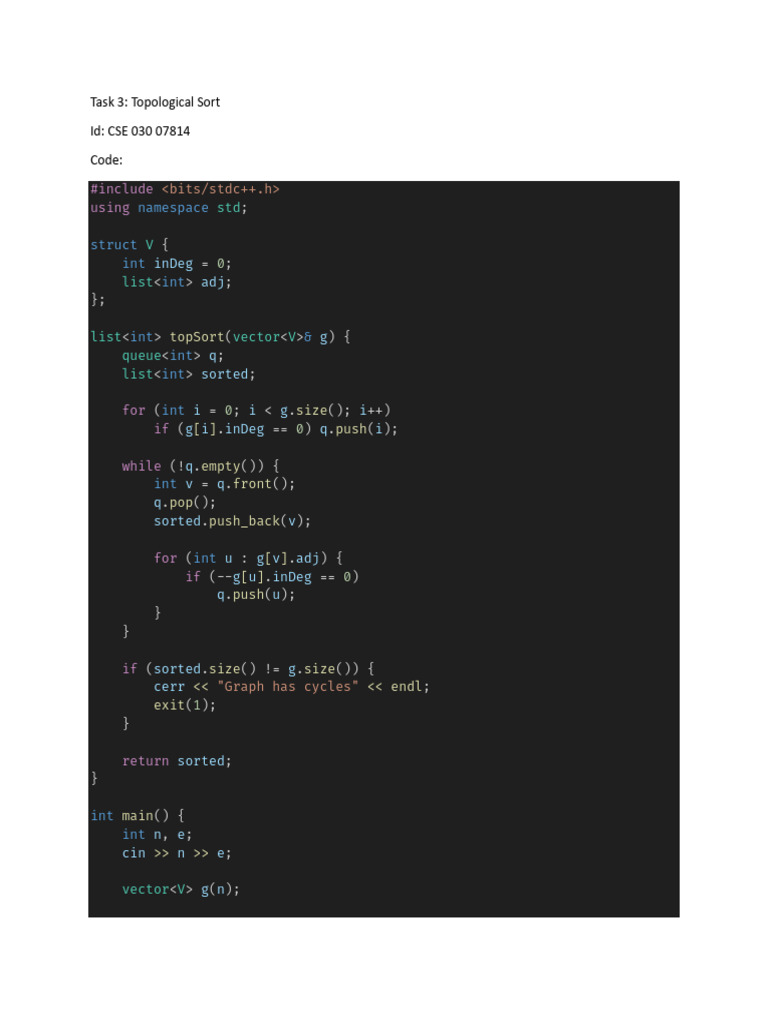 Task 3: Topological Sort Id: CSE 030 07814 Code | PDF