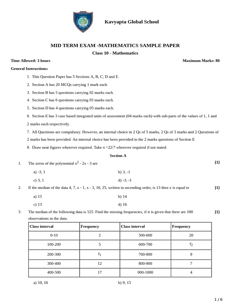Mid Term Maths Sample Paper | PDF | Circle | Quadratic Equation