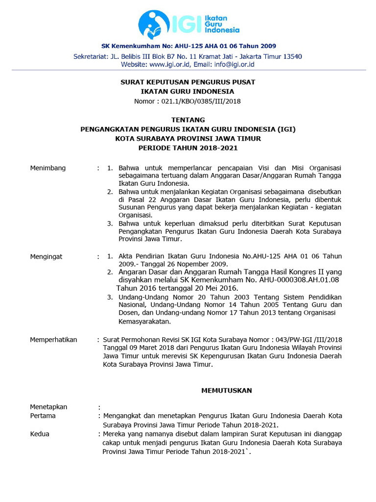 SK Pengurus IGI Kota Surabaya (SK PP) | PDF