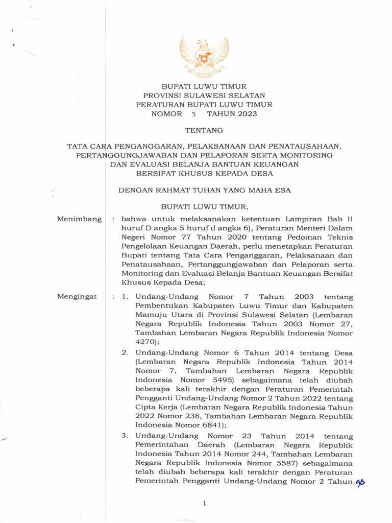 Perbup No.5 Tahun 2023 TTG Tata Cara Penganggaran, Pelaksanaan - Penatausahaan ...