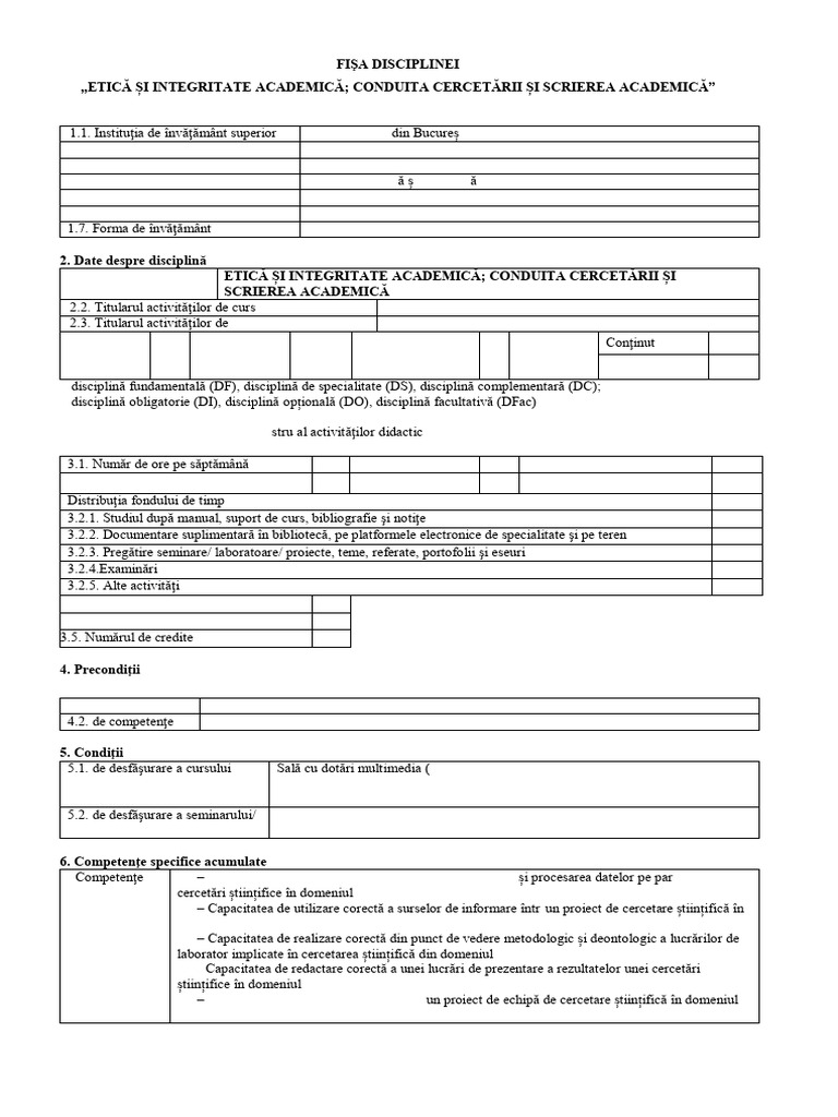 Fisa Disciplinei Etica Acad Optional Licenta Bogdan Stefanescu | PDF