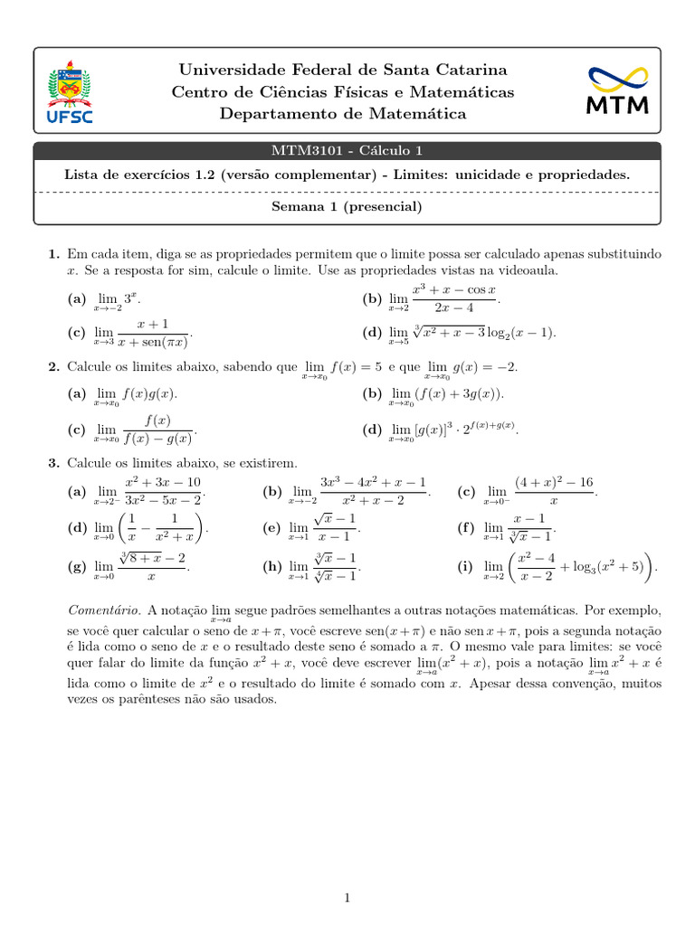 Lista de Exercícios 1.2 (Versão Complementar) | PDF