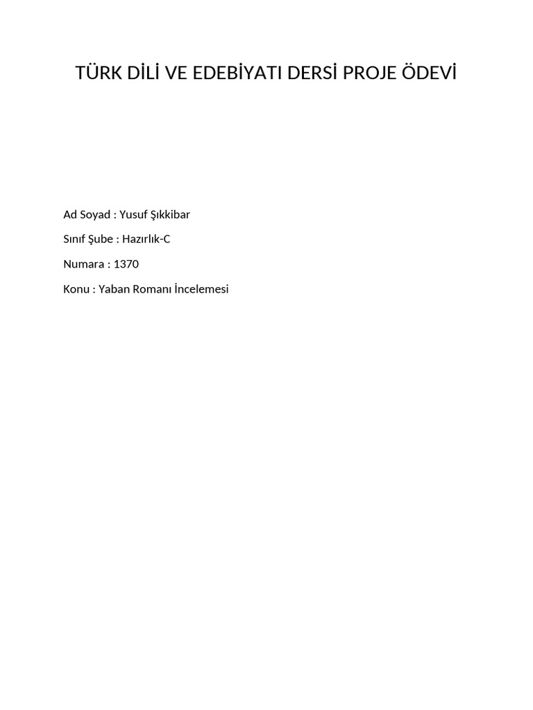 Edebiyat Proje Ödevi Yaban Romanı | PDF