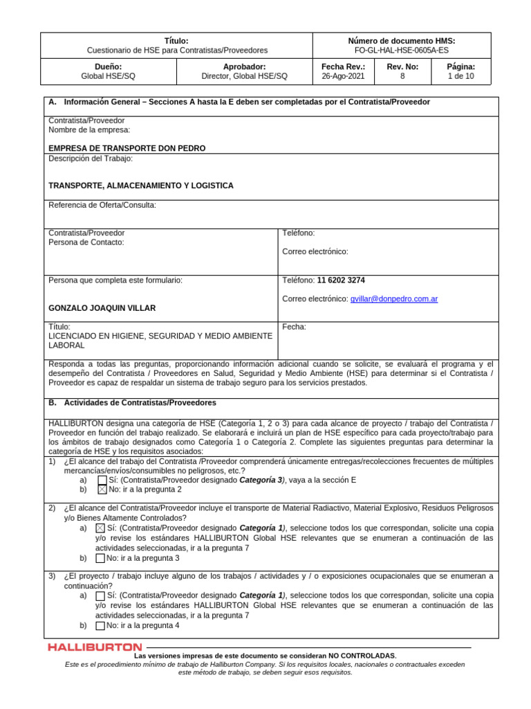 Halliburton HSE Questionnaire Form | PDF