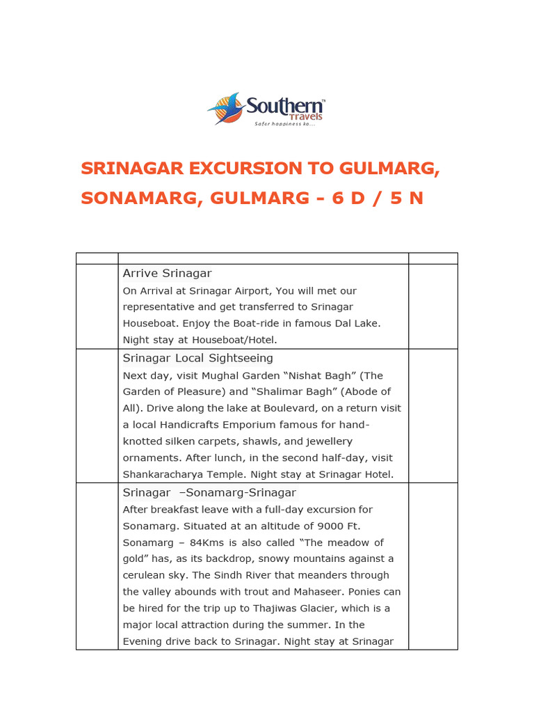 Lakshmikanth Reddy Kashmir Tour 6 Days 5 Nights Program | PDF