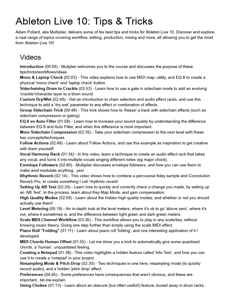 Ableton Live 10_ Tips & Tricks - Print Outline | PDF Ableton Live 10_ Tips & Tricks - Print Outline | PDF