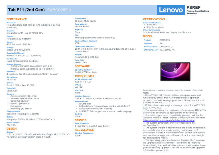 Tab P11 2nd Gen ZABG0285IN | PDF