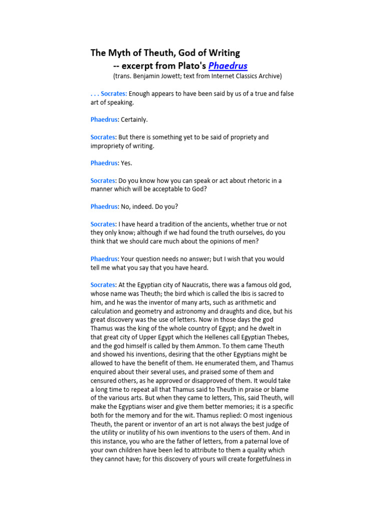Plato On Writing (The Myth of Theuth) | PDF
