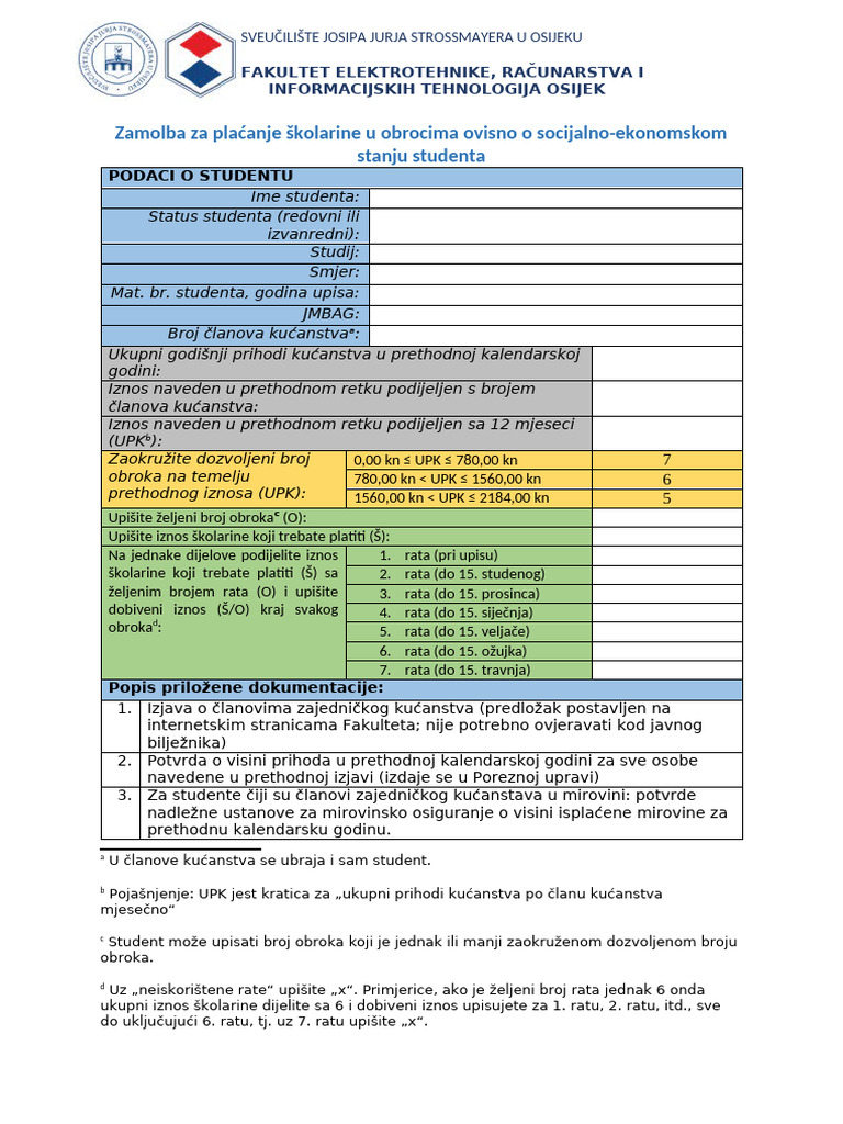 Zamolba Za Plaćanje Školarine U Obrocima Ovisno o Socijalno-Ekonomskom Stanju Studenta | PDF