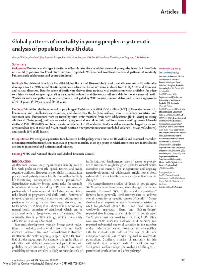 Global Patterns of Mortality in Young People - A Systematic Analysis of ...