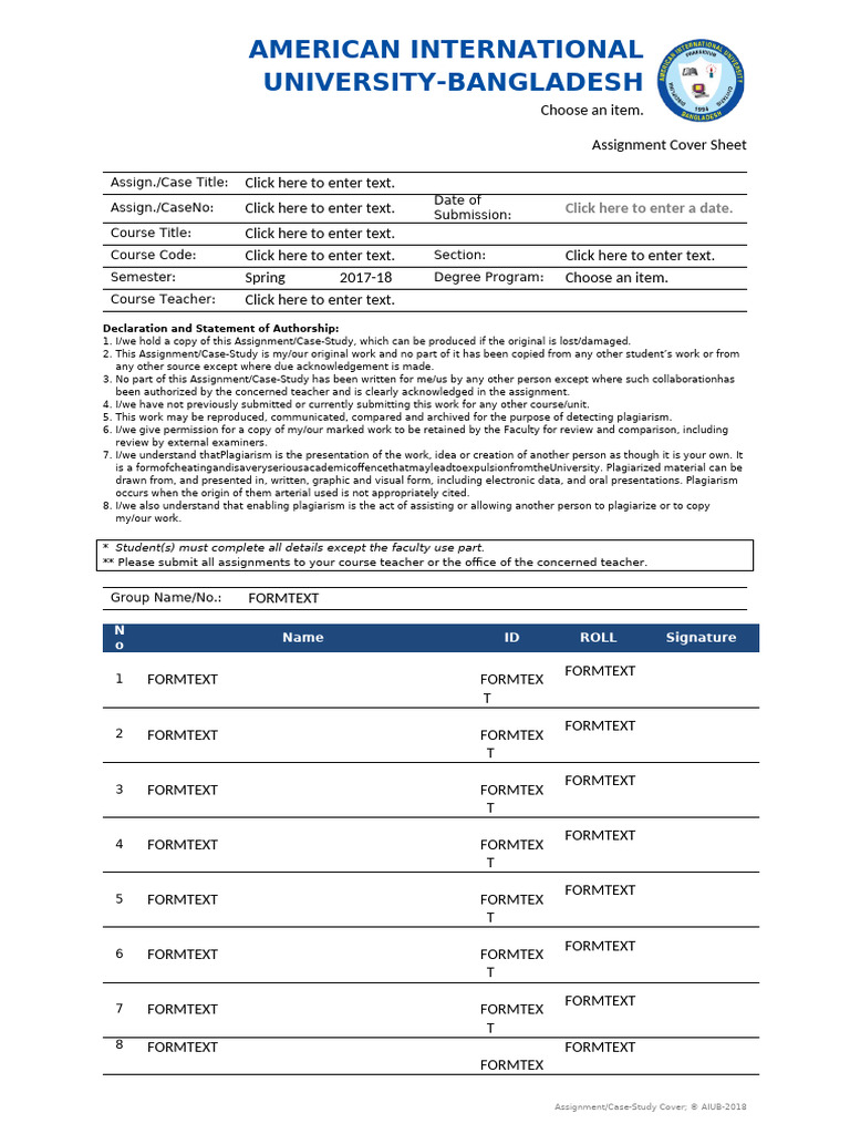 AIUB Assignment Cover Sheet | PDF