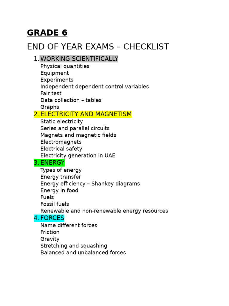 Eoy Exams List Grade 6 | PDF