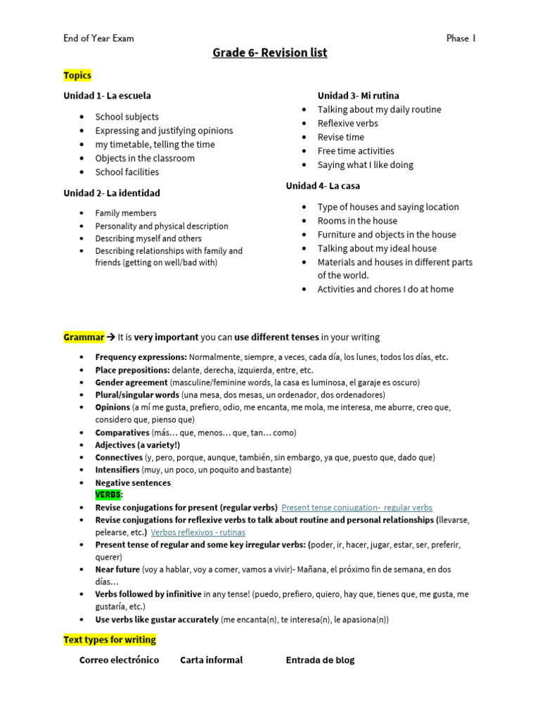 Grade 6 EOY Revision List 24 | PDF