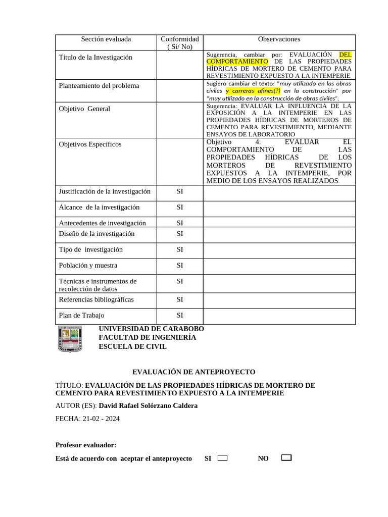 Evaluación Anteproyecto David Solorzano | PDF