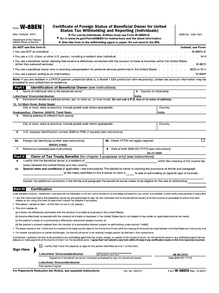 w8ben Tax Form | PDF