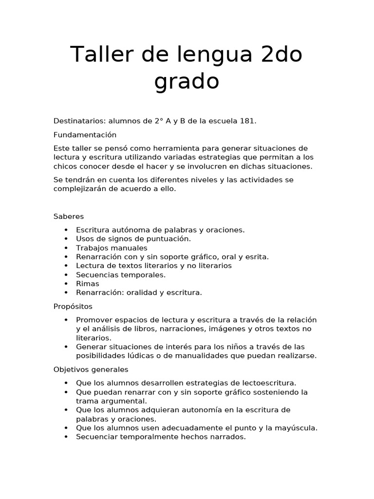 Taller de Lengua 2do Grado | PDF