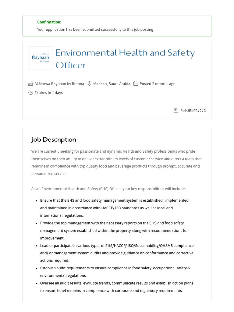 Environmental Health and Safety Officer - JB5067276 - Makkah, Saudi ...