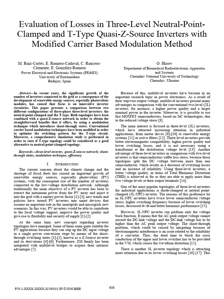 Evaluation Of Losses In Three Level Neutral Point Clamped And T Type Quasi Z Source Inverters