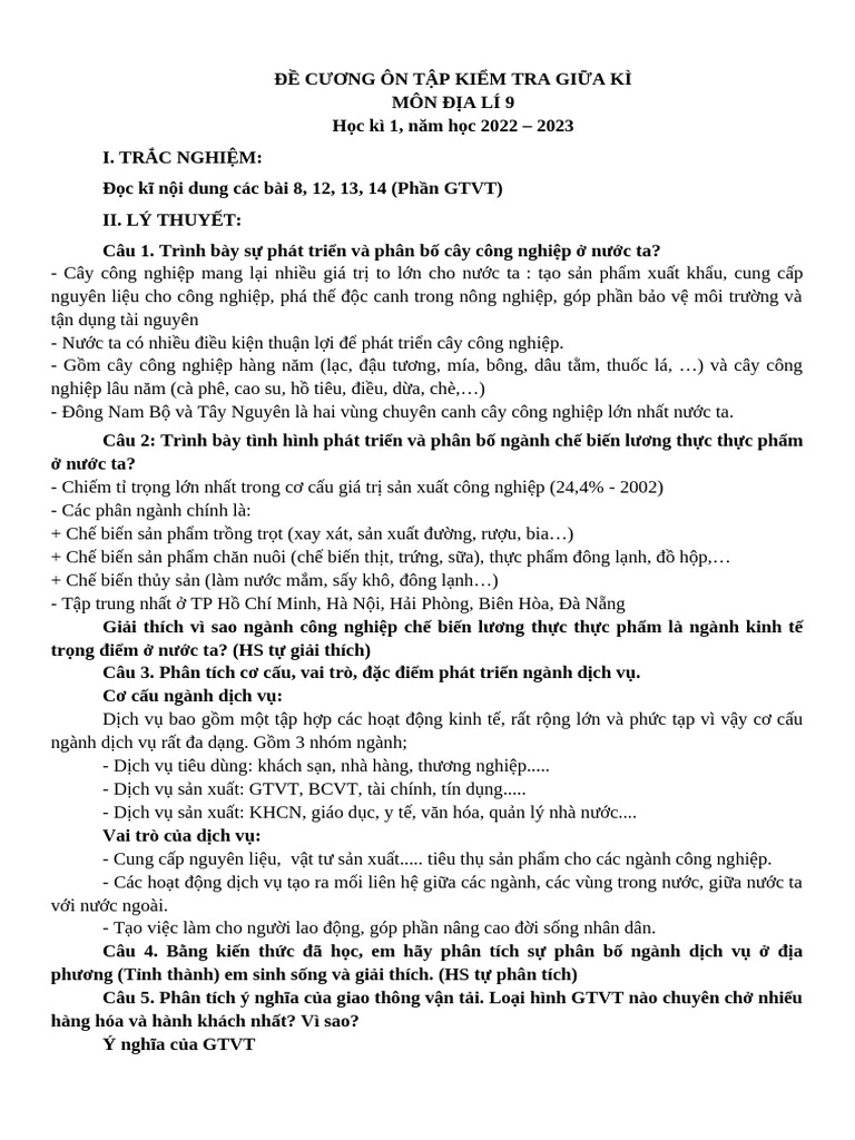 ĐỀ CƯƠNG GIỮA KÌ 1 ĐỊA 9 CHO HS | PDF