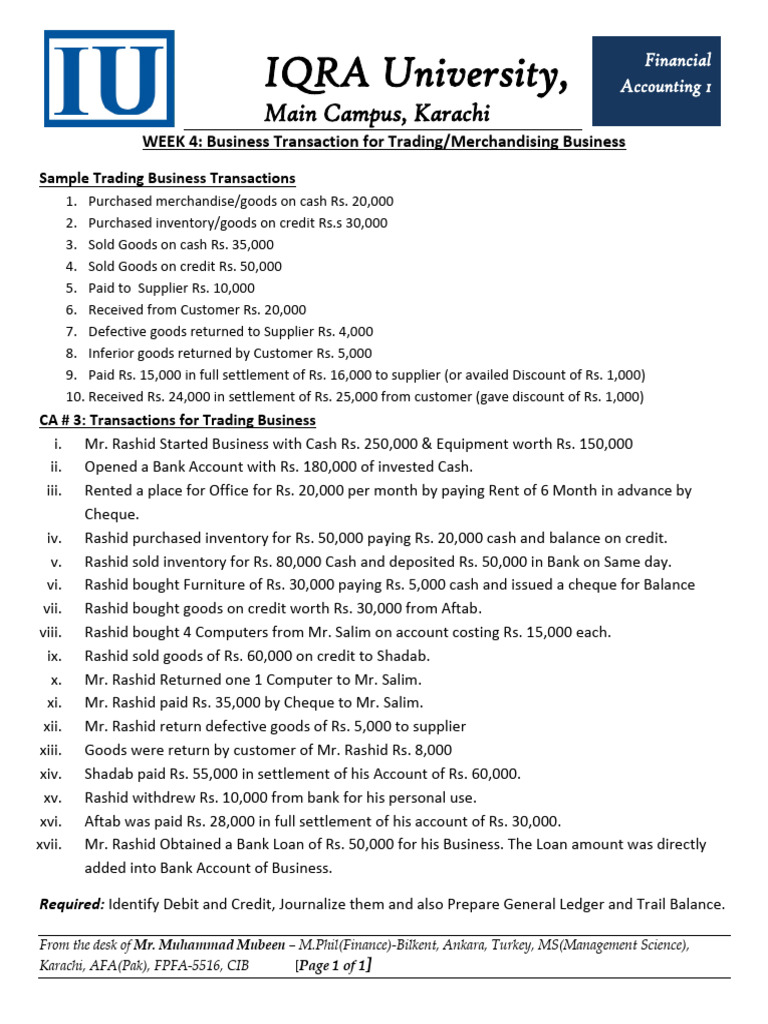 Week 4 - Sample Business Transactions For Merchandising Business | PDF