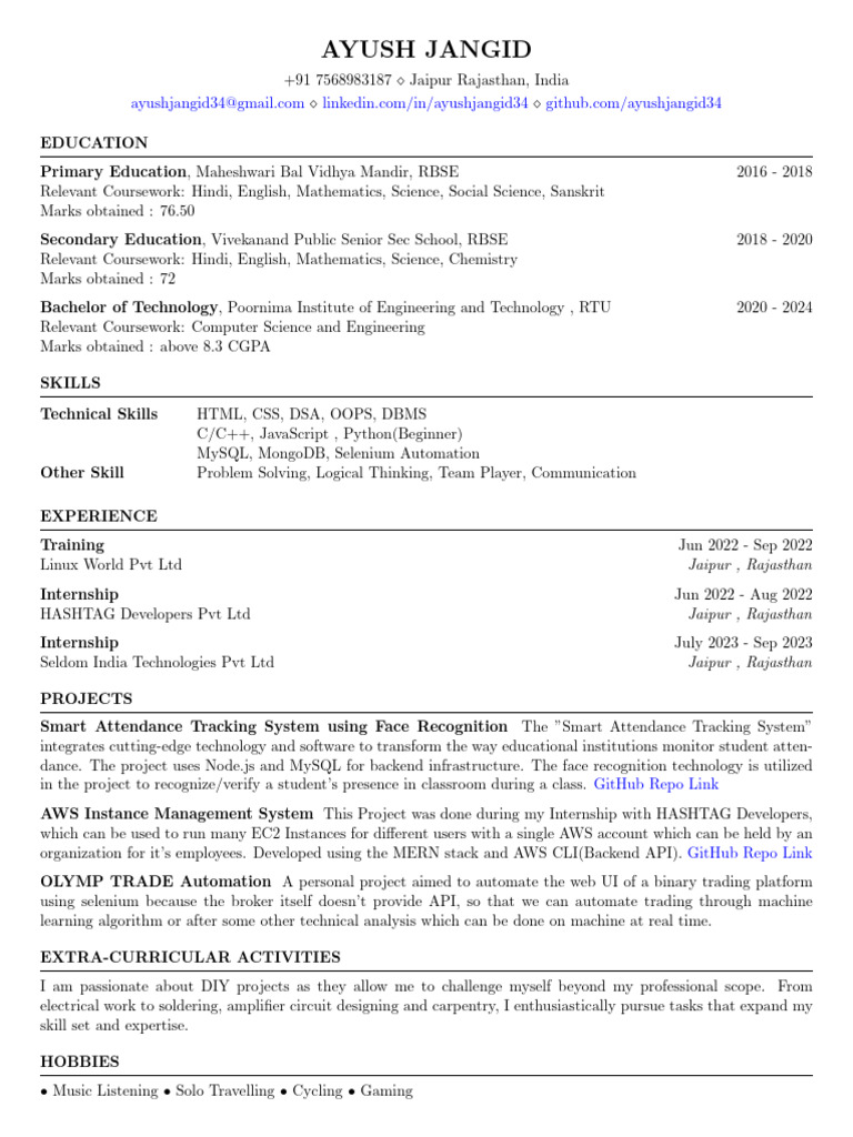 Ayush Jangid Resume | PDF