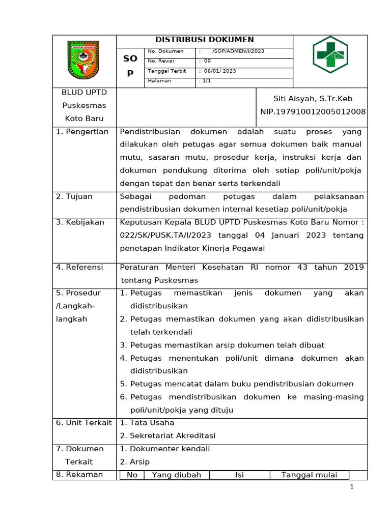 Kb1.2.2.c SOP Distribusi Dokumen 2023 TJA | PDF