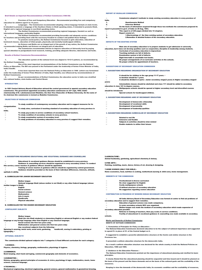 Brief Details On Important Recommendations of Kothari Commission | PDF