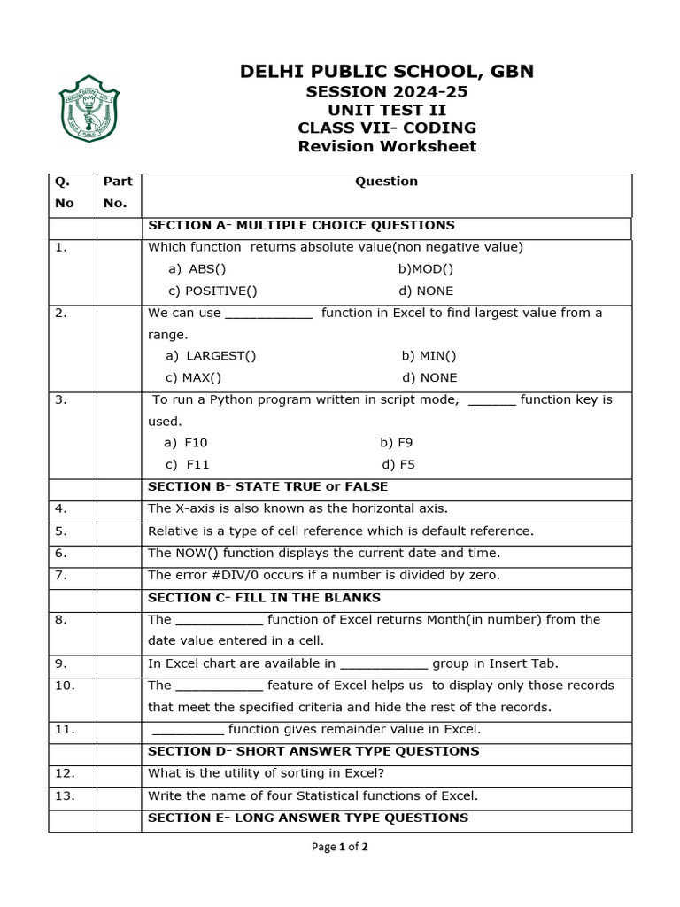2024-08-29 090846-UT II G-7 CODING-2024-25 Revision Worksheet-66cff3d657823 | PDF | Microsoft ...