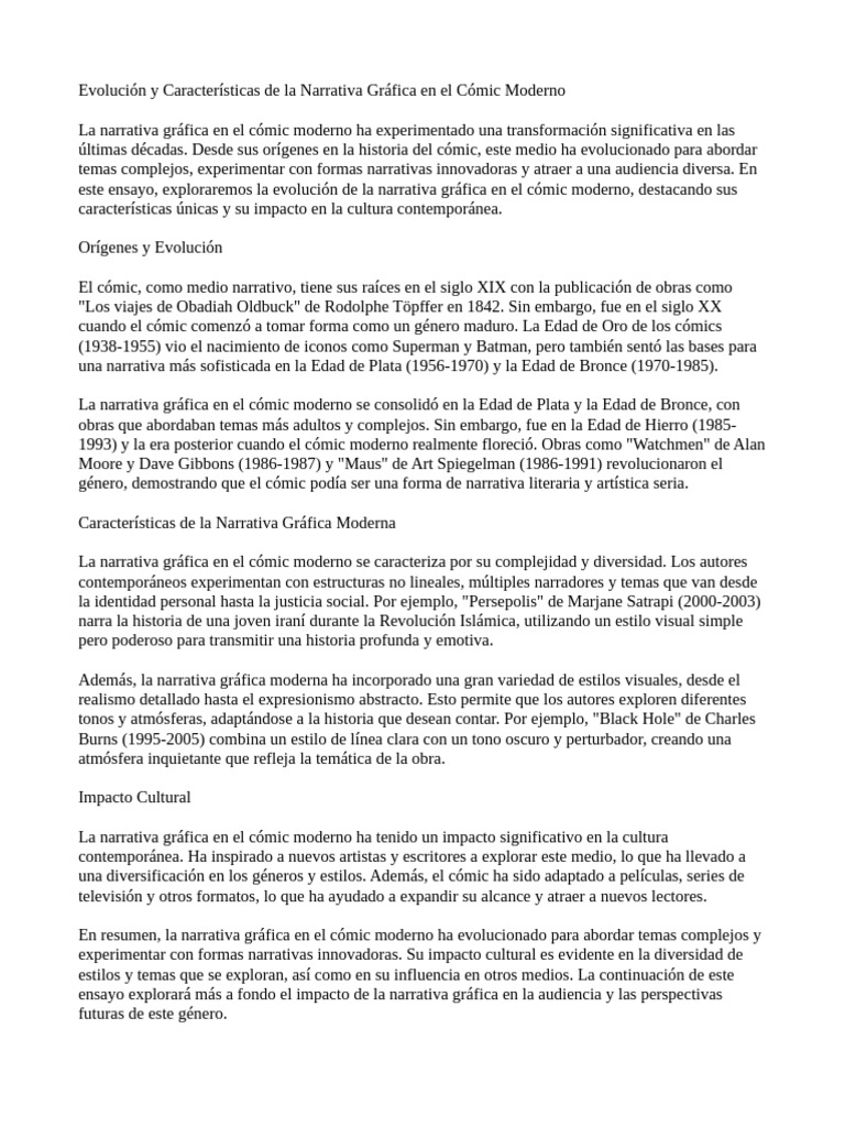 Evolución y Características de La Narrativa Gráfica en El Cómic Moderno ...