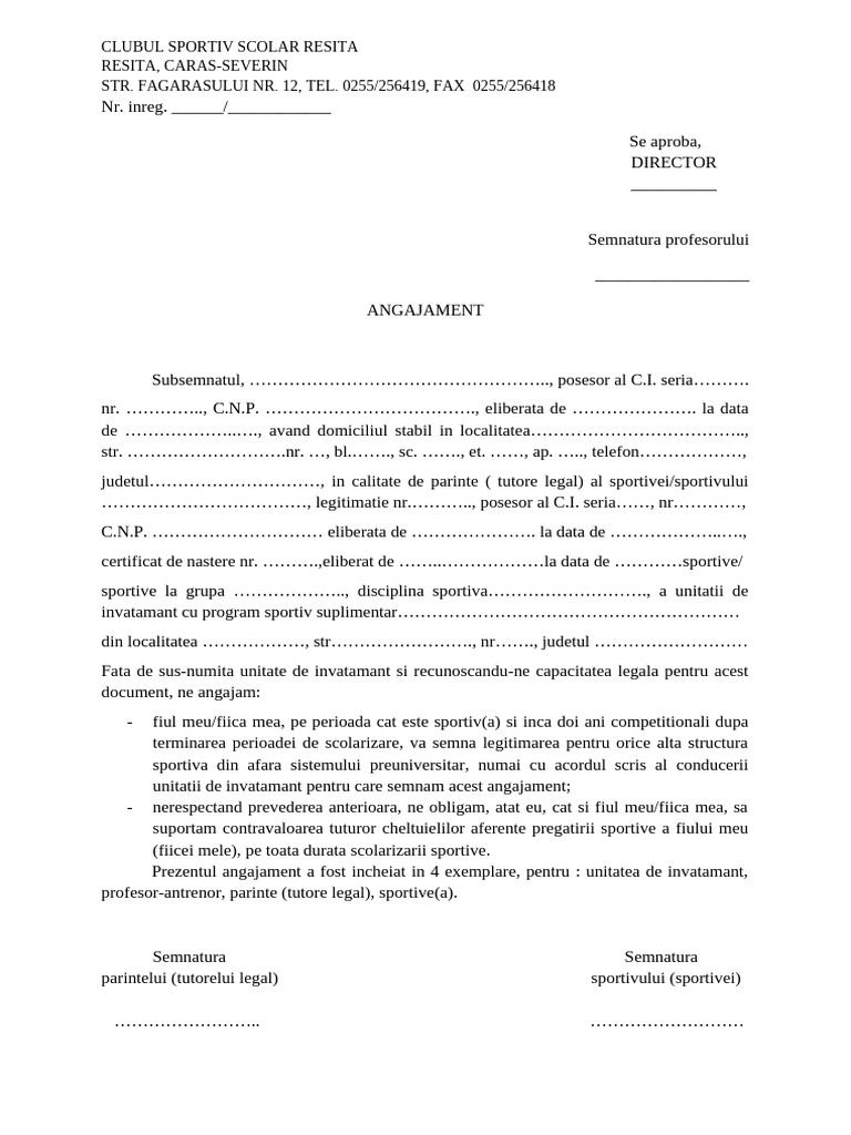 Angajament Inscriere Sportivi | PDF