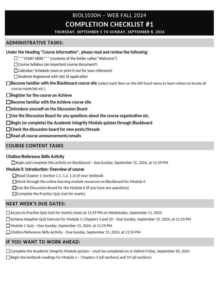Completion Checklist #1 - BIOL1030H-WEB Fall 2024 | PDF