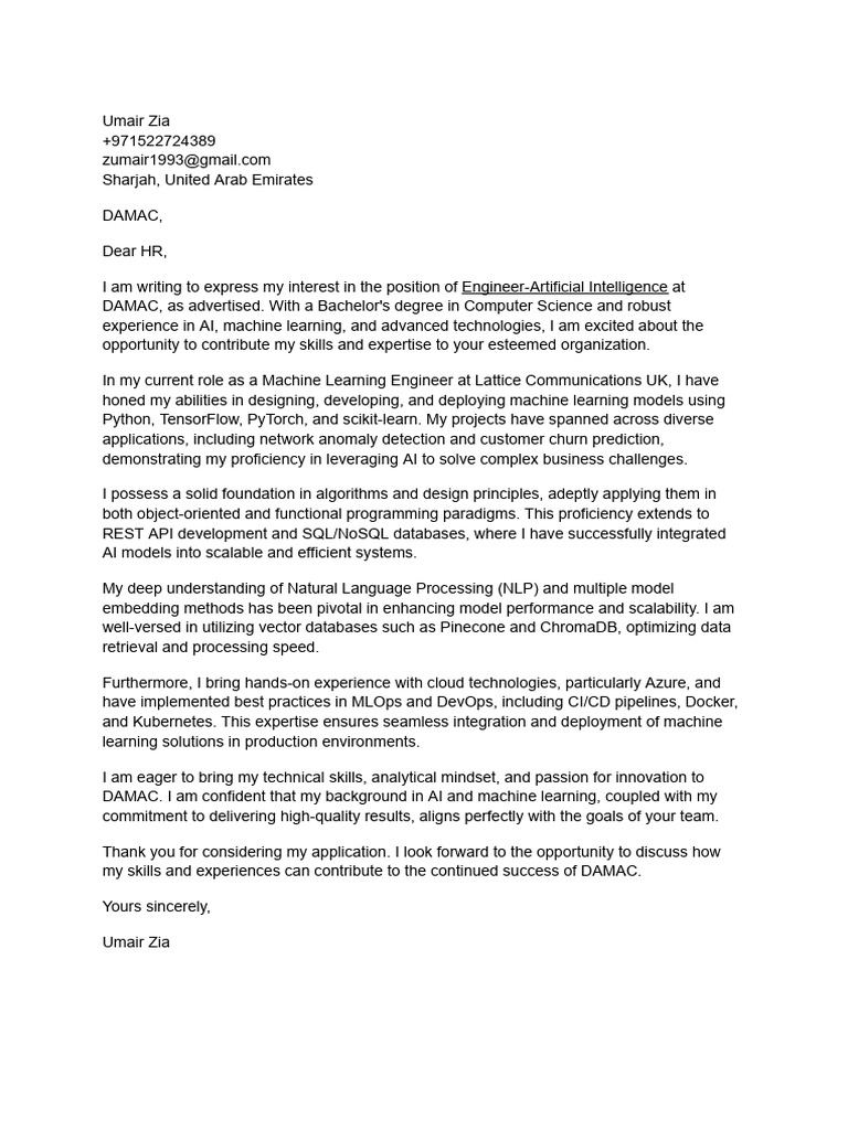 Umair Zia Cover Letter Damac | PDF | Computers